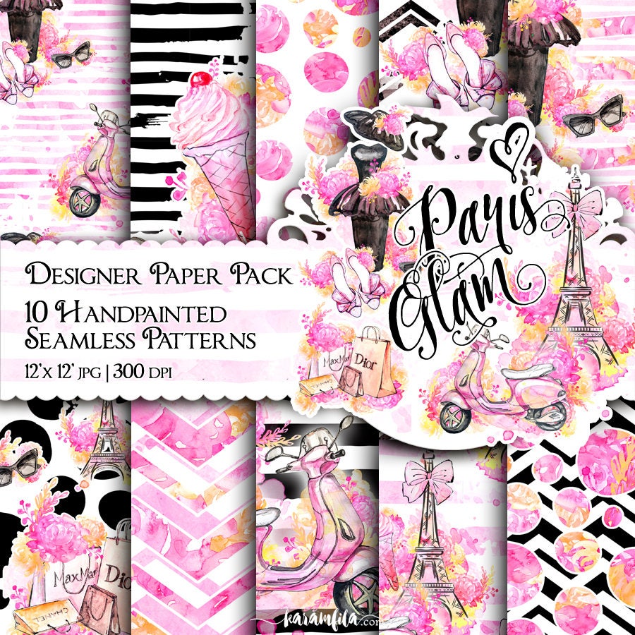 Paris Paper Pack Watercolor Fashion Digital Backgrounds Eiffel - Etsy