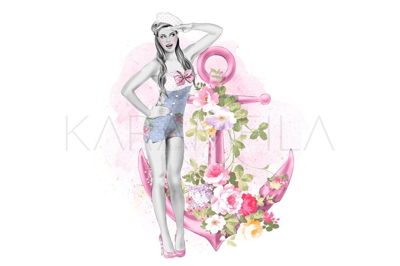 Nautical Clipart Pink Fashion Illustrations Pinup Girl with | Etsy