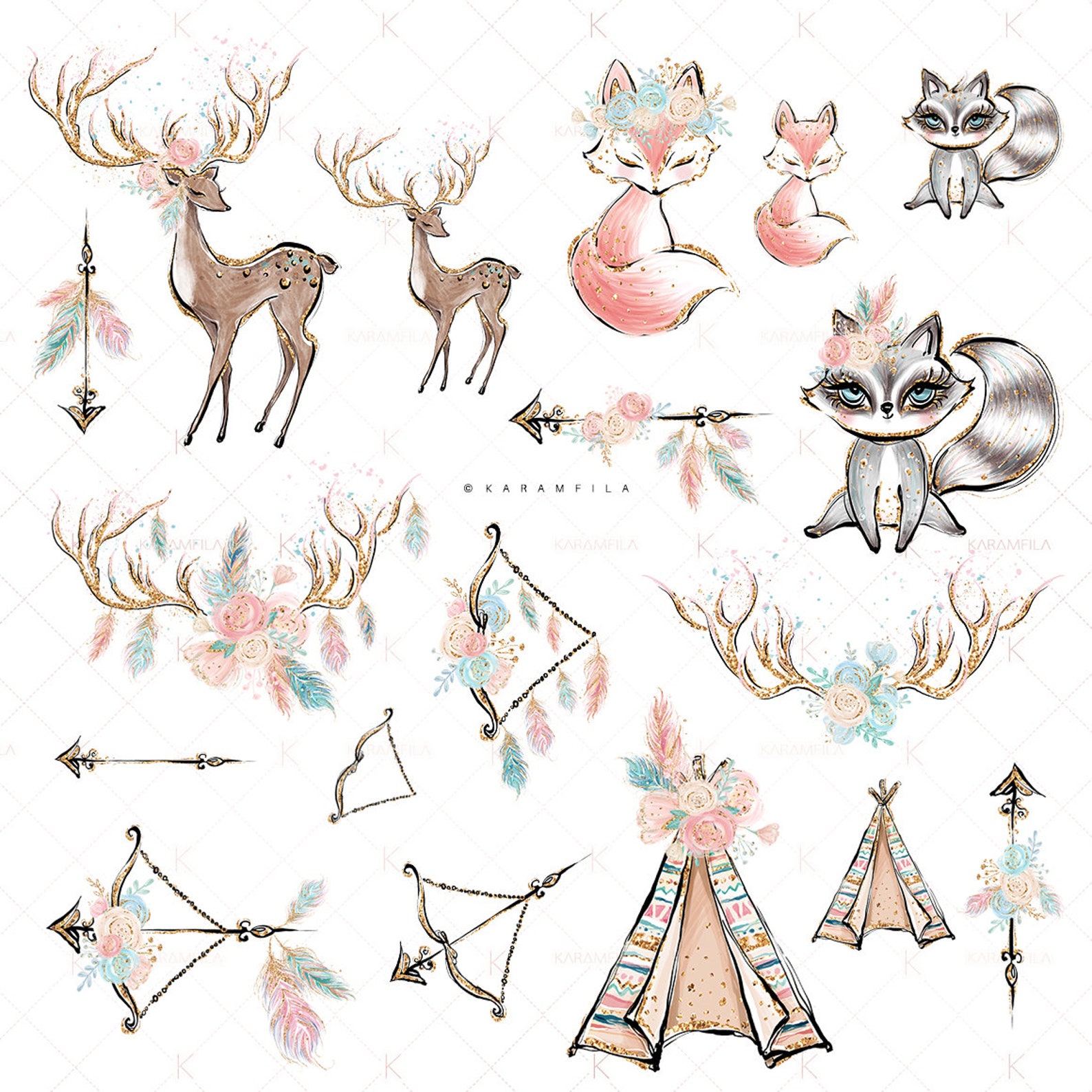 Boho Clipart Cute Boho Animals Clipart Boho Fox Racoon - Etsy Canada