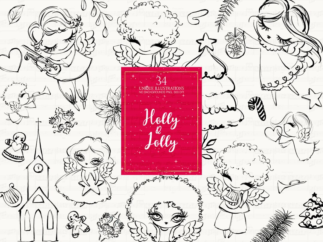 Christmas Doodle Clipart, Christmas Angels Collection. - Etsy