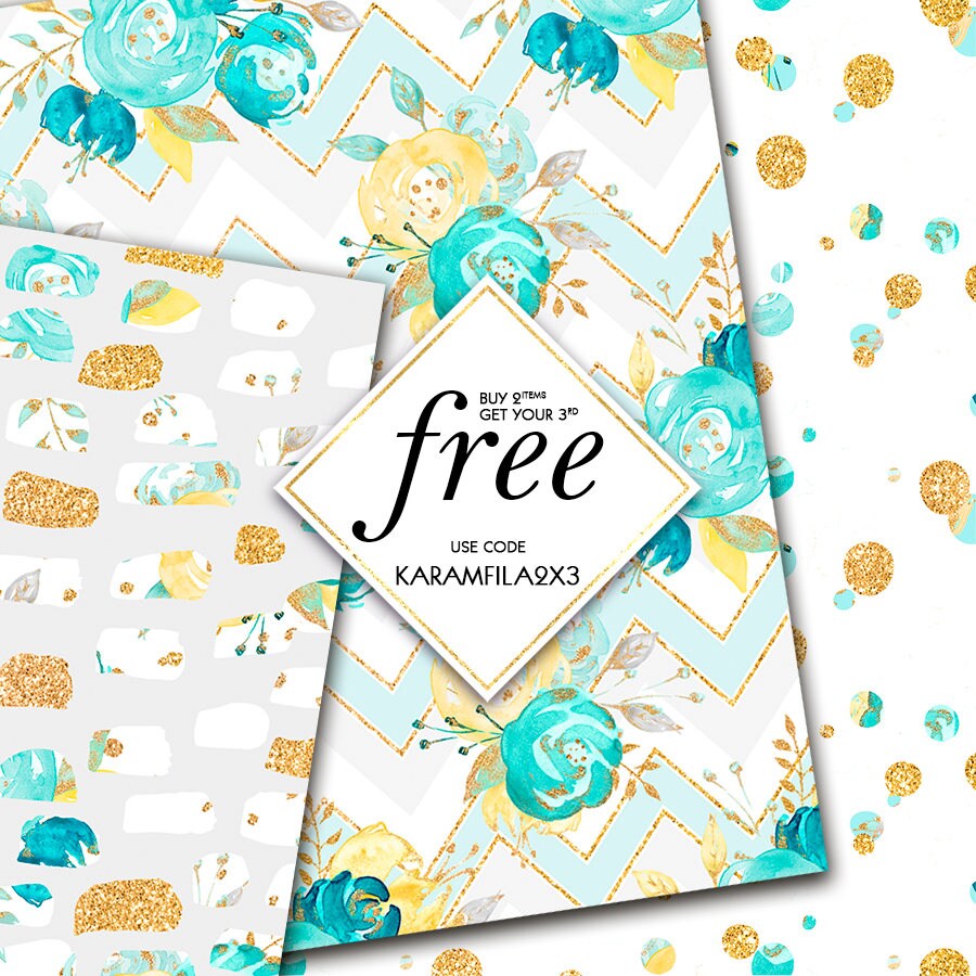 Mint and Gold Floral Digital Paper Wedding Digital Paper - Etsy