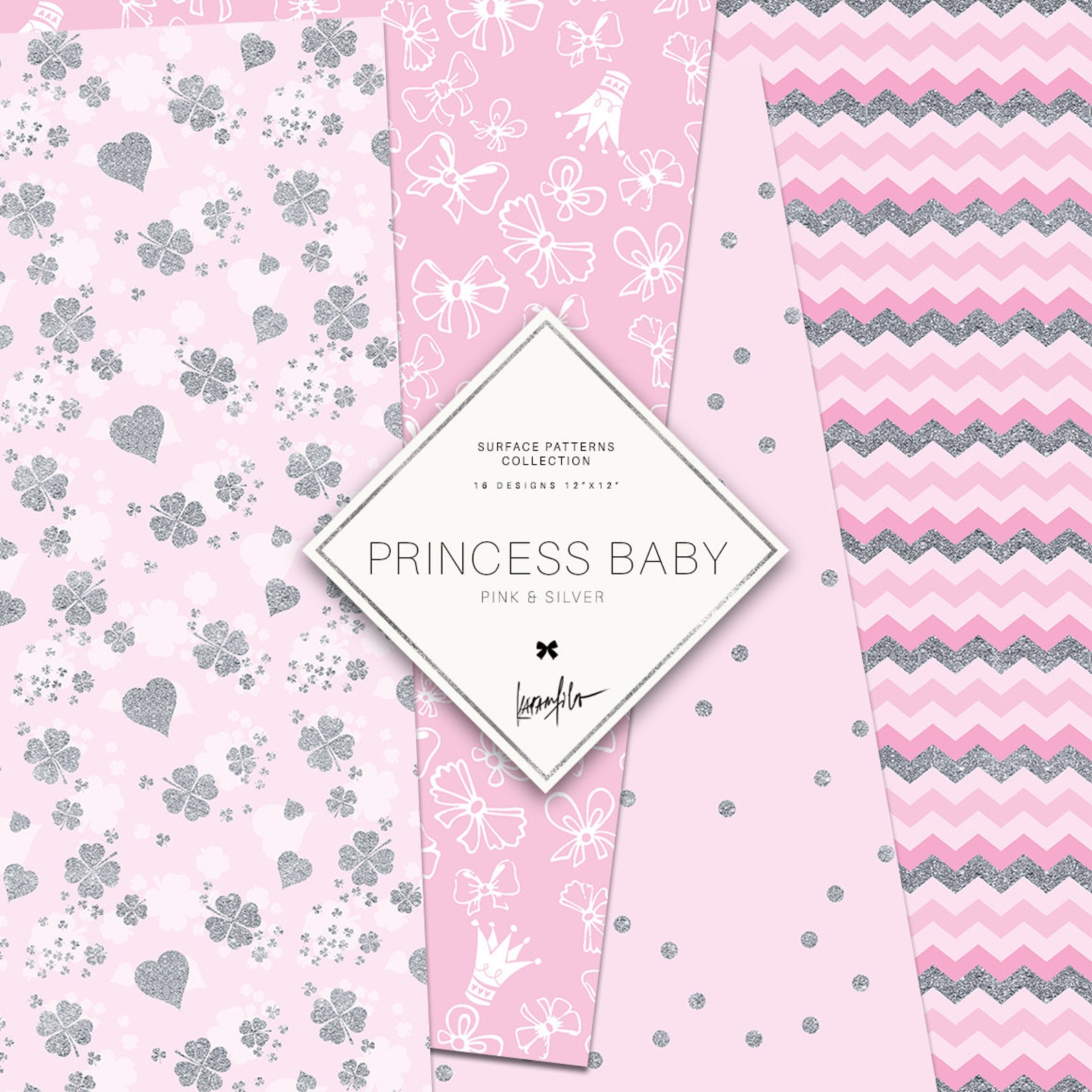 Baby Girl Digital Paper Pack Pink Grey Backgrounds Princess | Etsy