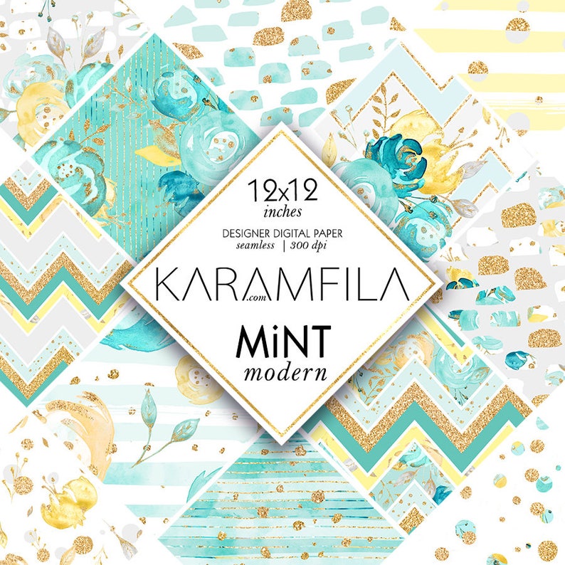 Mint and Gold Floral Digital Paper Wedding Digital Paper - Etsy