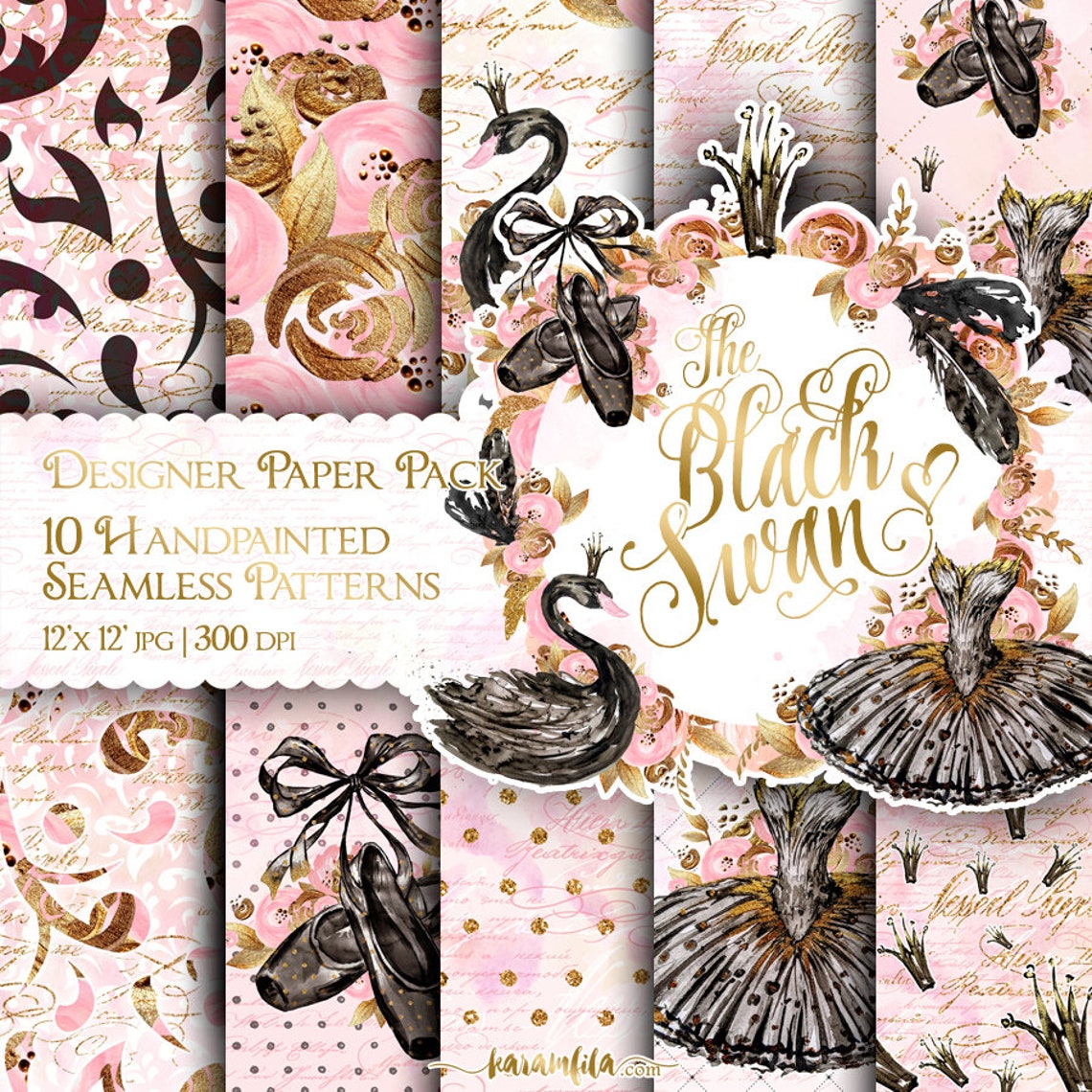 Black Swan Digital Paper Watercolor Ballerina Handpainted - Etsy