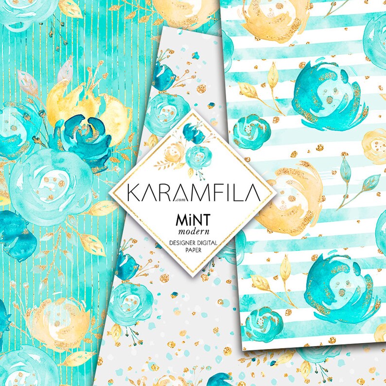 Mint and Gold Floral Digital Paper Wedding Digital Paper - Etsy