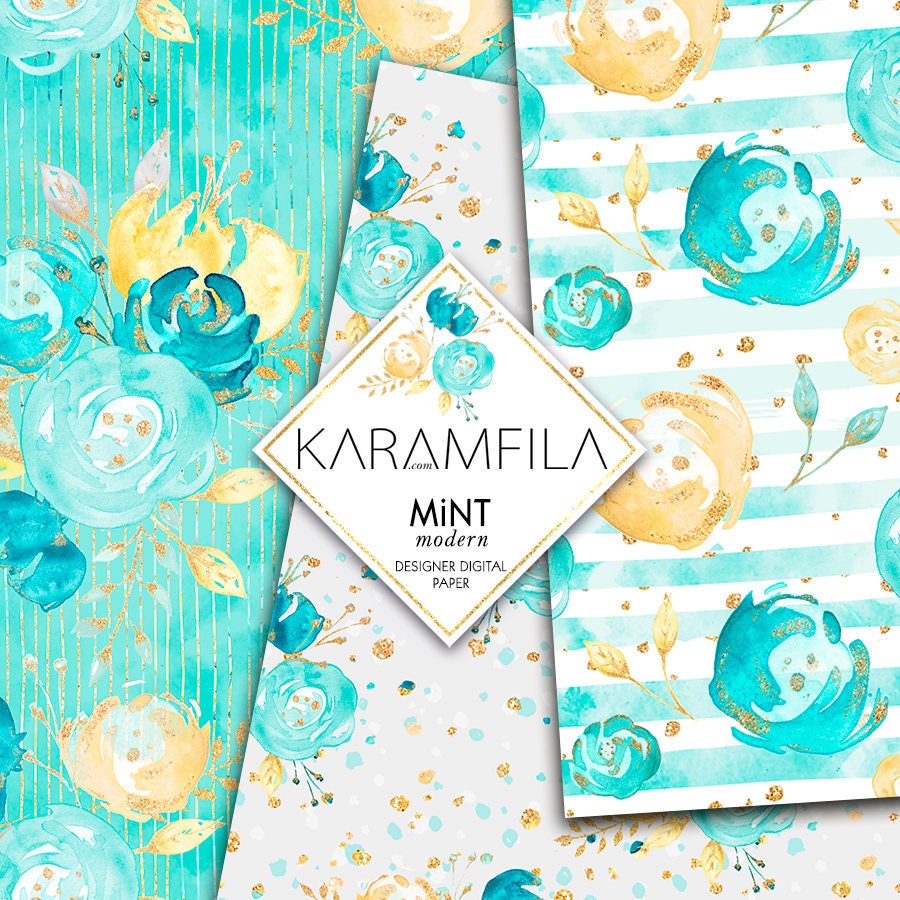Mint and Gold Floral Digital Paper Wedding Digital Paper - Etsy