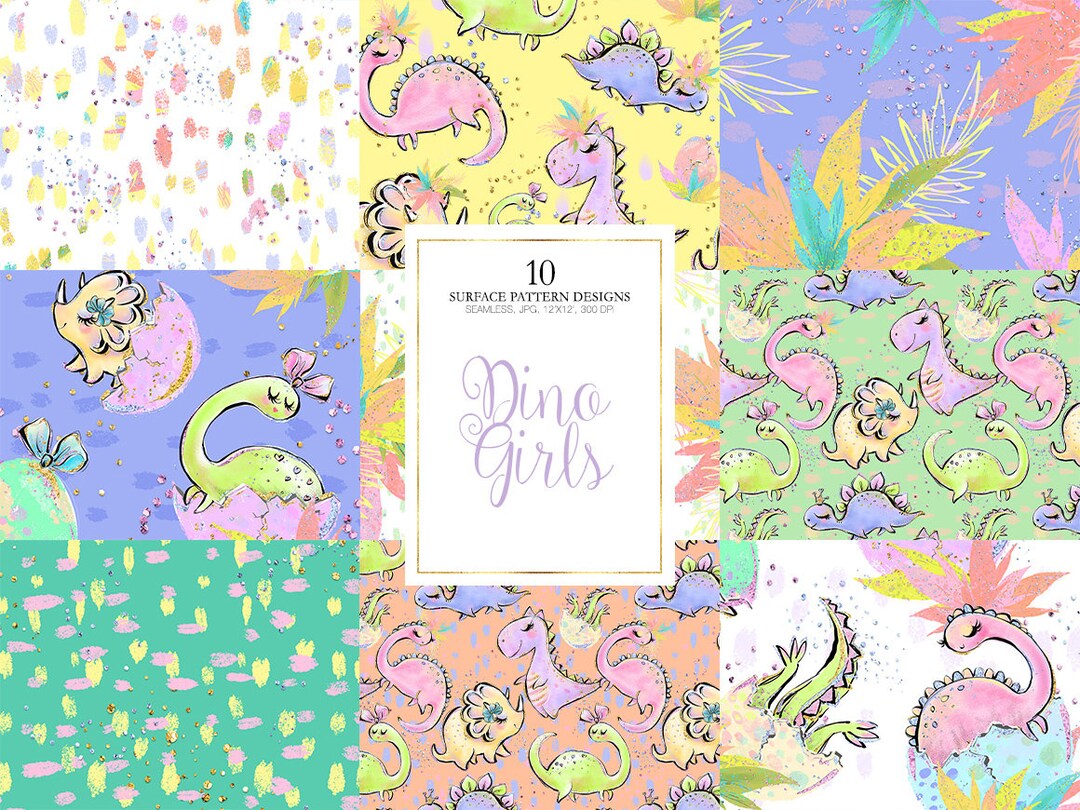 Dino Girls Digital Paper, Dinosaurs Patterns Dino Planner Stickers ...