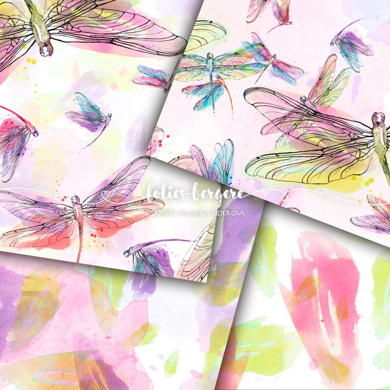 Watercolor Digital Paper Colorful Dragonflies Handpainted | Etsy