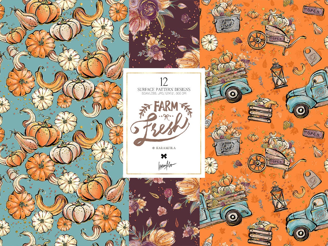 Fall Digital Paper Farmer Patterns Karamfila's Whimsical - Etsy
