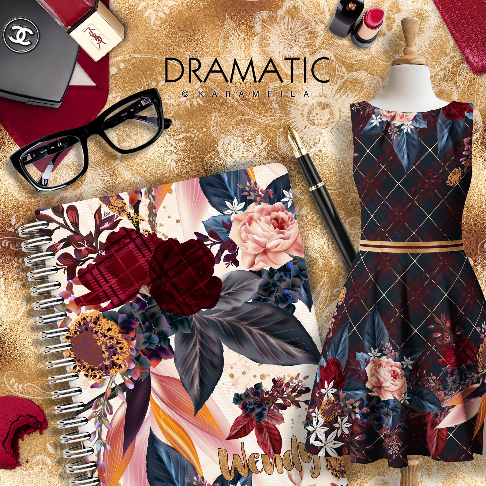 Floral Digital Paper Crimson Red Navy Gold Roses Patterns - Etsy