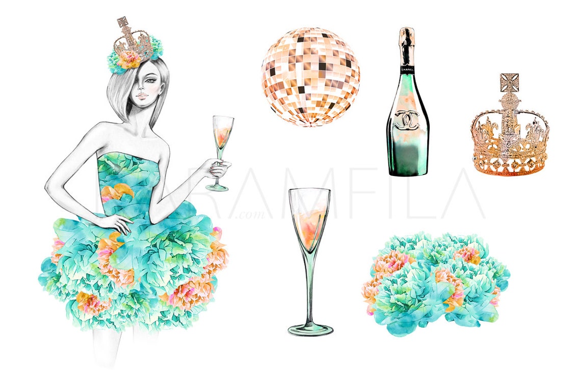 Party Girl Clipart New Years Clipart Fashion Illustrations - Etsy
