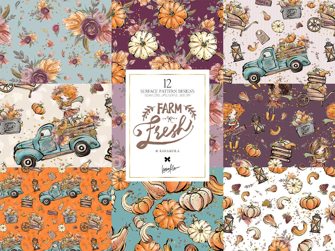 Fall Digital Paper Farmer Patterns Karamfila's Whimsical - Etsy