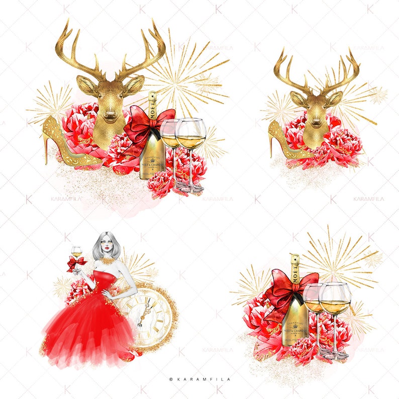 New Years Party Clipart Watercolor Valentines Clipart Fashion - Etsy