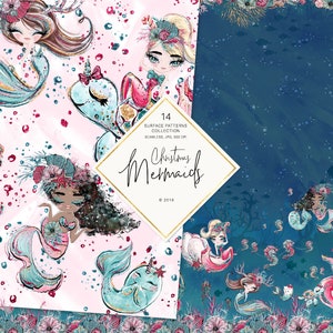 Christmas Mermaid Digital Paper Unicorn Mermaid Fabrics Patterns ...