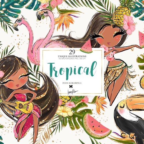 Hawaiian Luau Clipart Tropical Glitter Aloha Flamingo Toucan - Etsy