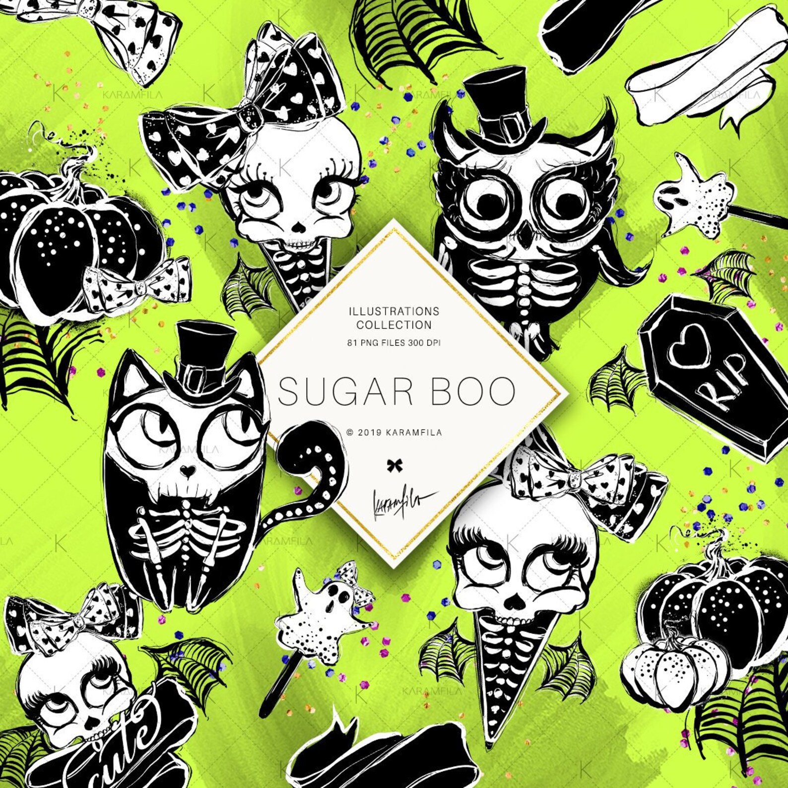 Halloween Doodle Clipart Animals Skulls and Skeletons Clipart - Etsy