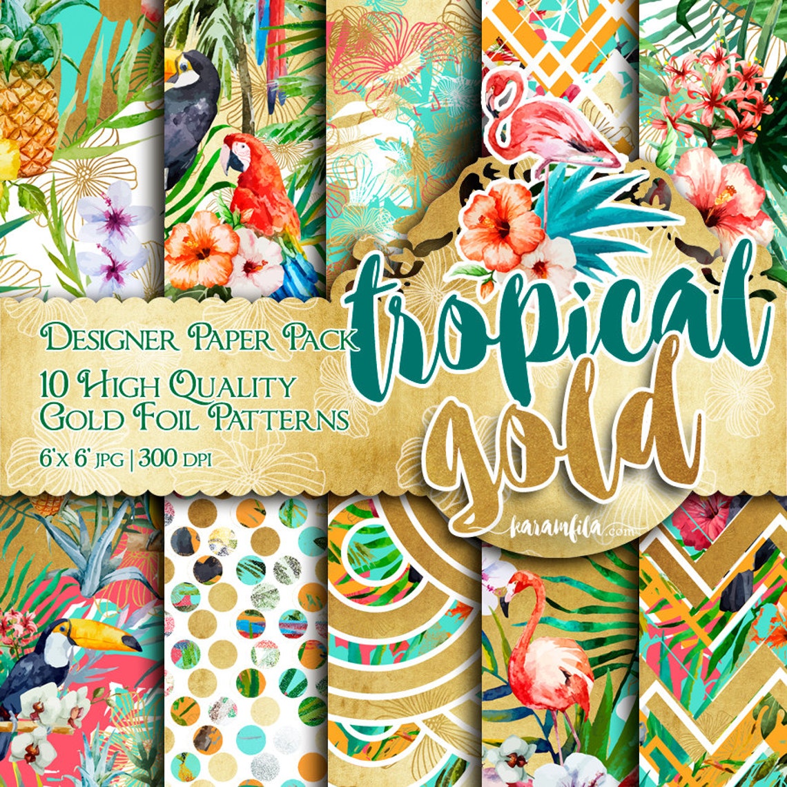 Tropical Summer Digital Paper Gold Foil Watercolor Fashion - Etsy