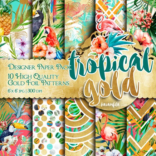 Tropical Summer Digital Paper Gold Foil Watercolor Fashion - Etsy