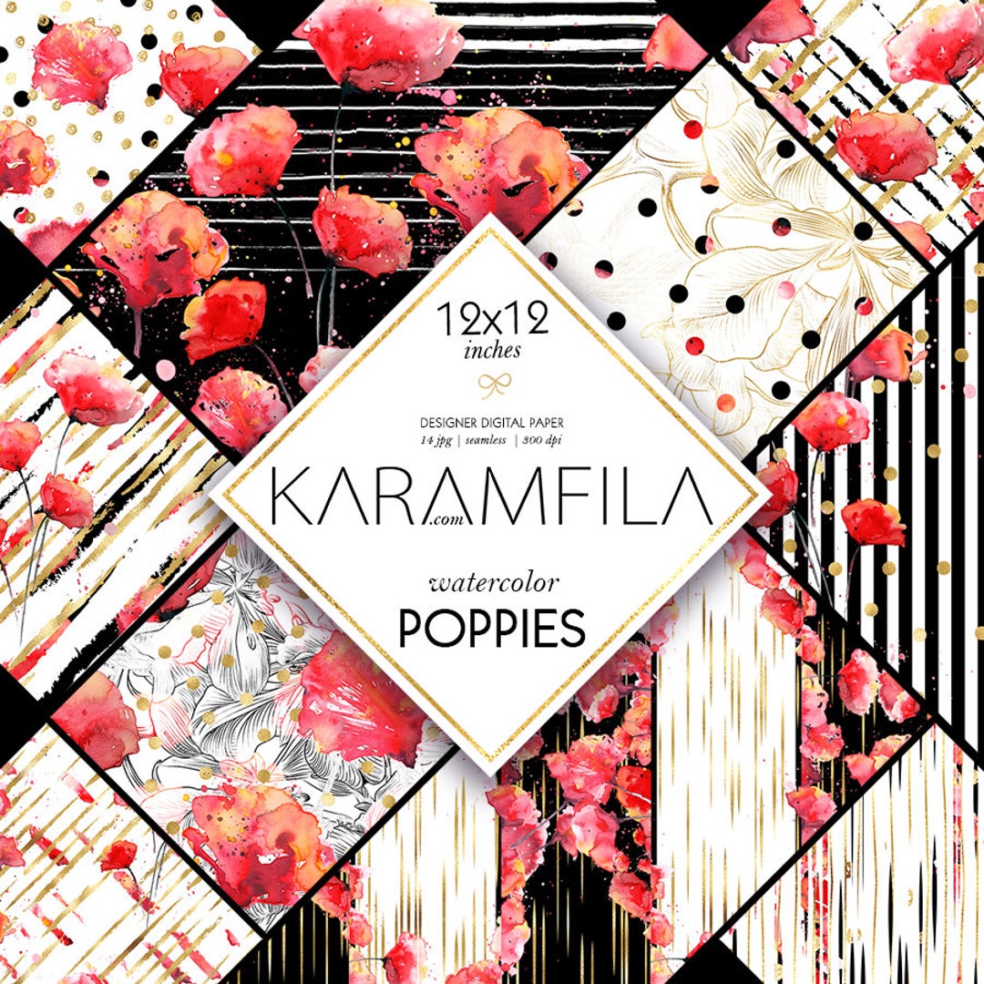 Poppy Digital Paper, Red Poppy Paper Poppies Seamless Patterns, Poppy ...