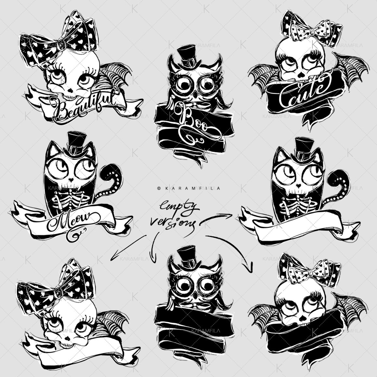 Halloween Doodle Clipart Animals Skulls and Skeletons Clipart - Etsy