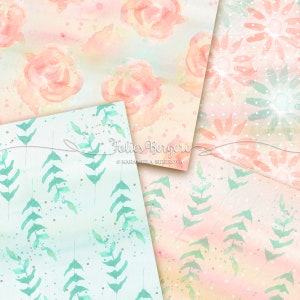 Peach and Mint Digital Paper Pack Watercolor Flowers Hand - Etsy