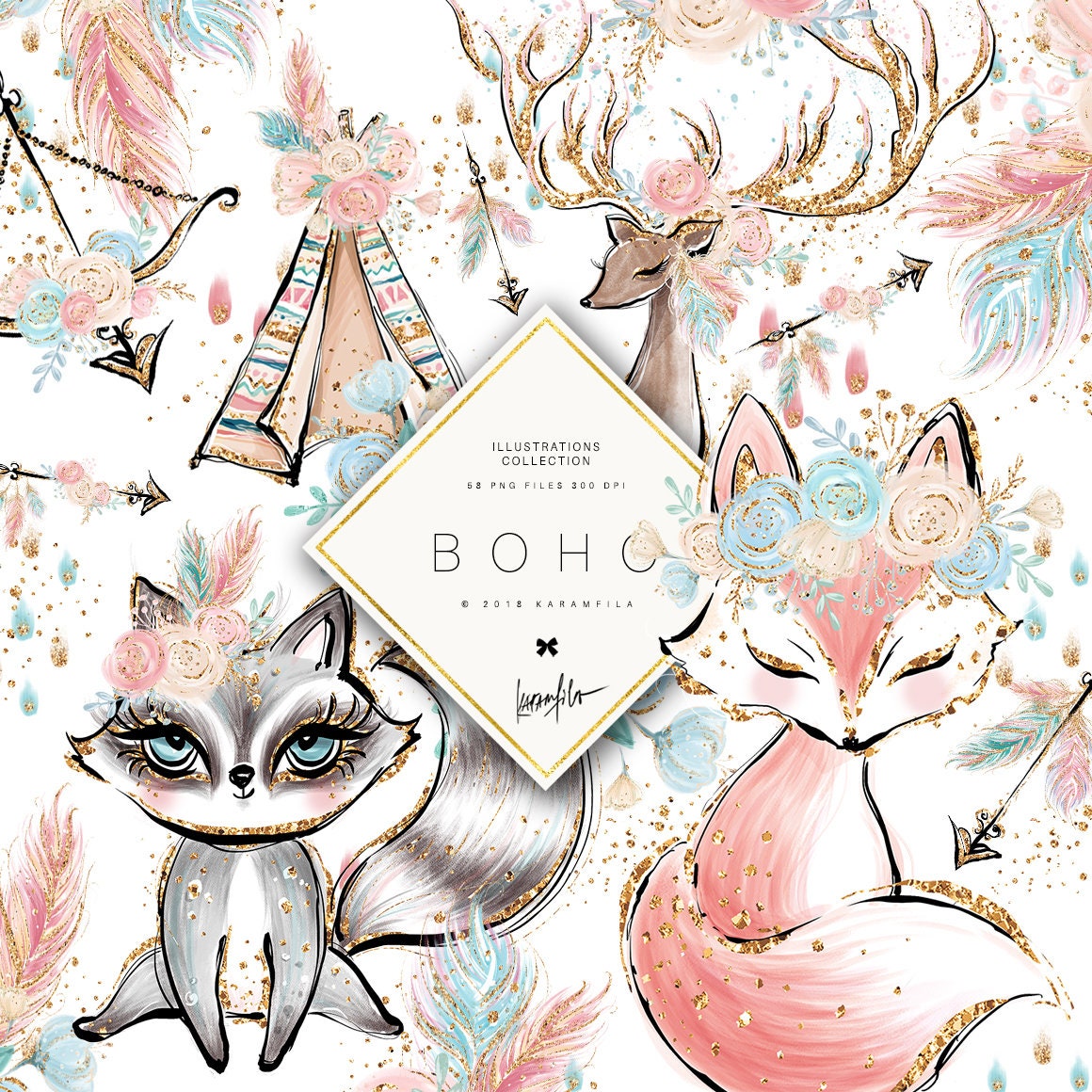Boho Clipart Cute Boho Animals Clipart Boho Fox Racoon - Etsy Australia