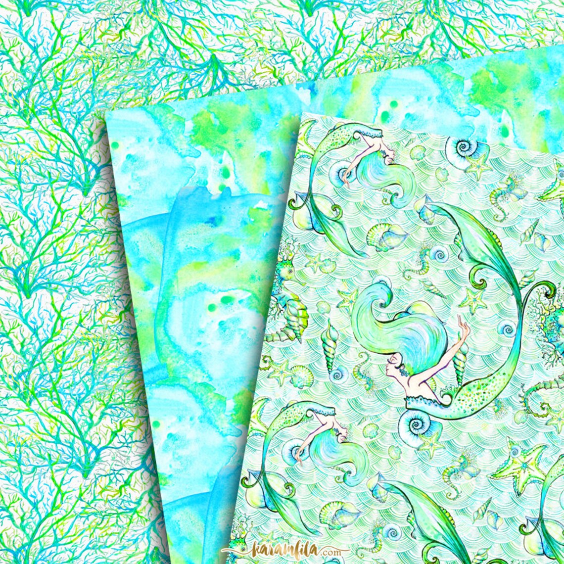 Mermaid Digital Paper Watercolor Sea Backgrounds Handpainted - Etsy