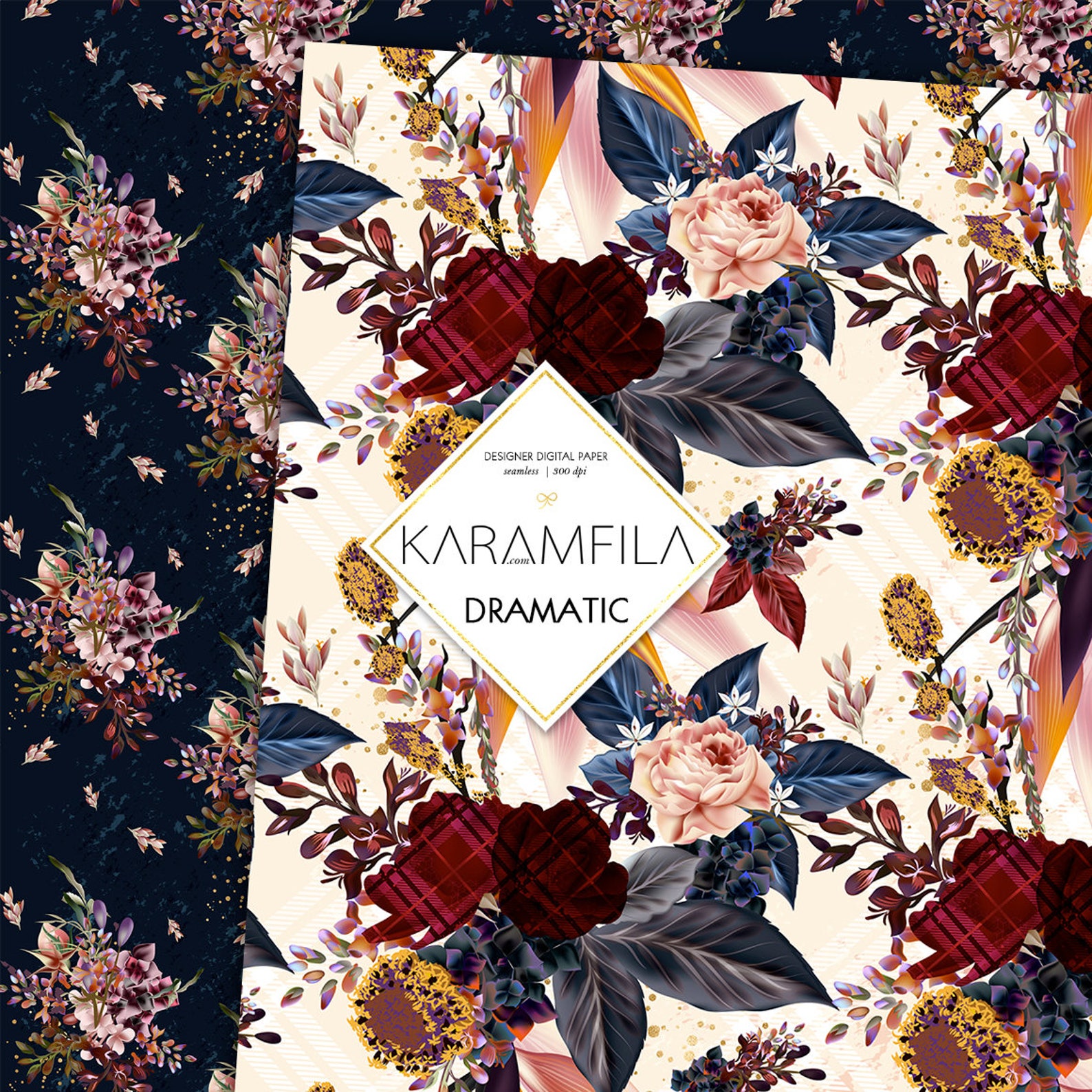 Floral Digital Paper Crimson Red Navy Gold Roses Patterns - Etsy