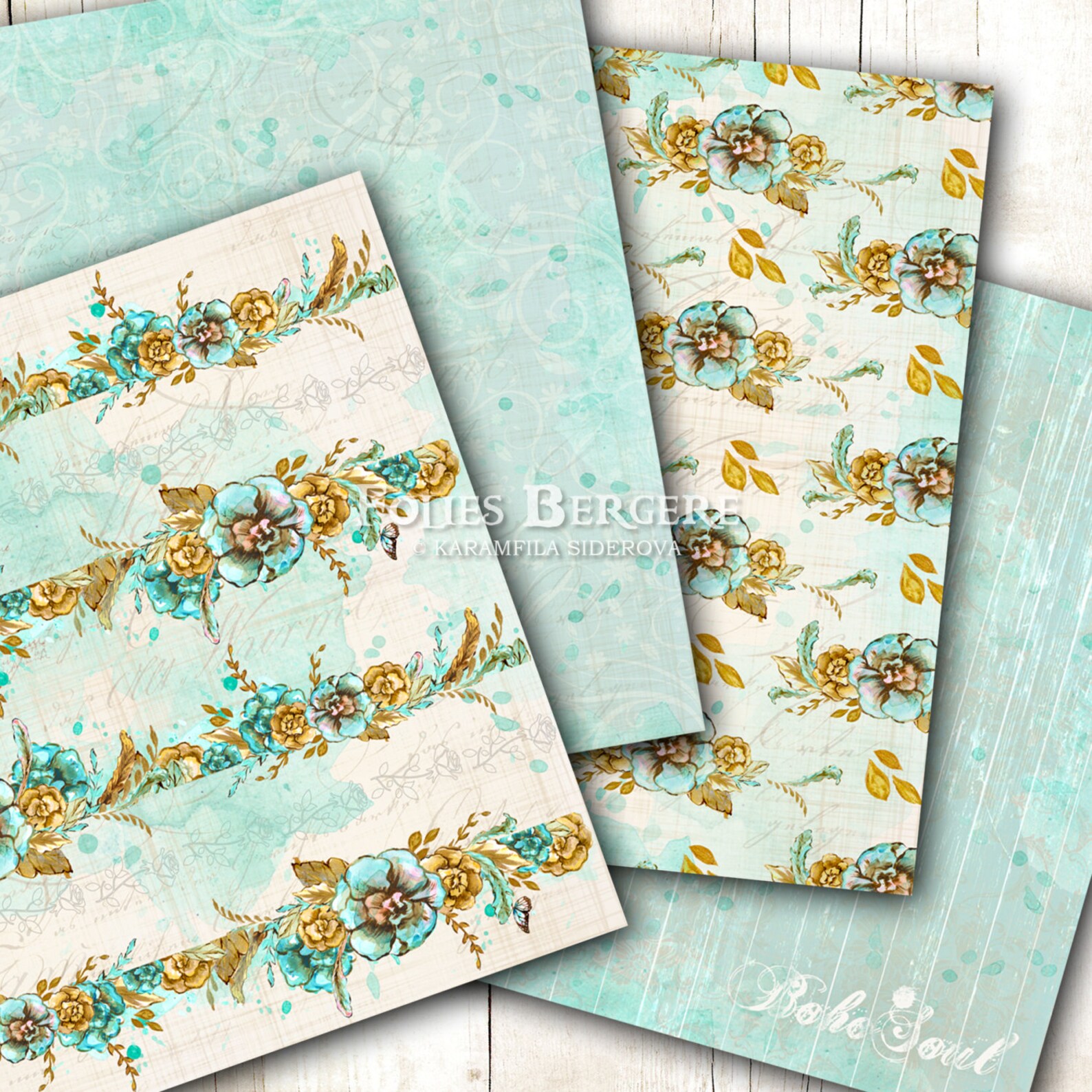 Boho Paper Pack Mint Gold Digital Paper Summer Scrapbook | Etsy