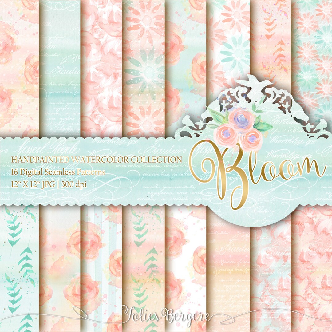 Peach and Mint Digital Paper Pack Watercolor Flowers Hand - Etsy