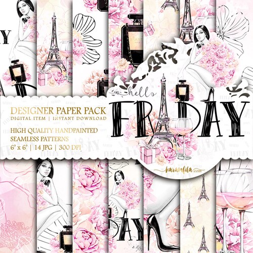 Paris Paper Pack Watercolor Fashion Digital Backgrounds Eiffel - Etsy