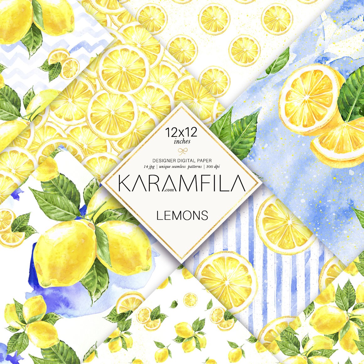 300DPI Watercolor Lemons Scrapbook Seamless Digital Design Materials ...