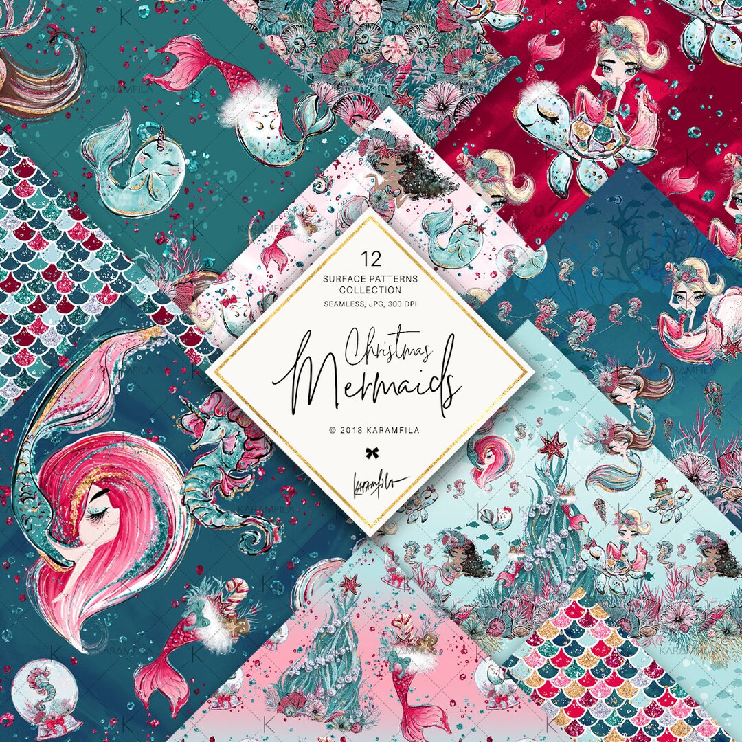 Christmas Mermaid Digital Paper Unicorn Mermaid Fabrics - Etsy