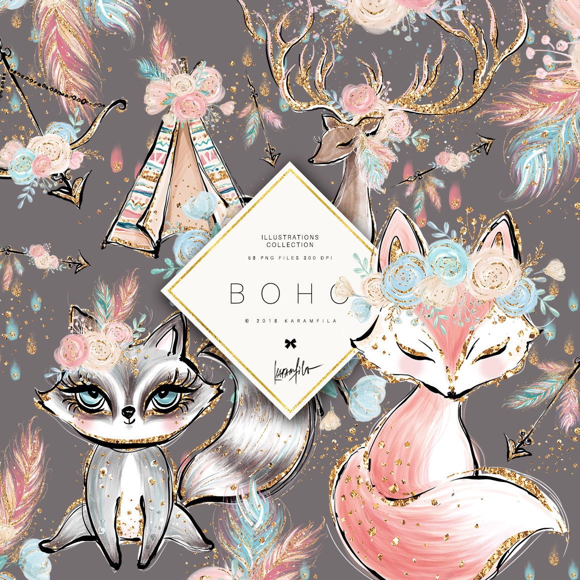 Boho Clipart Cute Boho Animals Clipart Boho Fox Racoon | Etsy