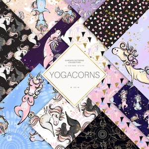 Yoga Unicorns Digital Paper, Unicorn Yoga Patterns, Yogacorns Surface ...