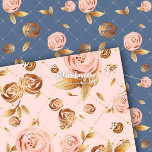 Handpainted Floral Digital Paper Blush Peach Navy Turquoise - Etsy