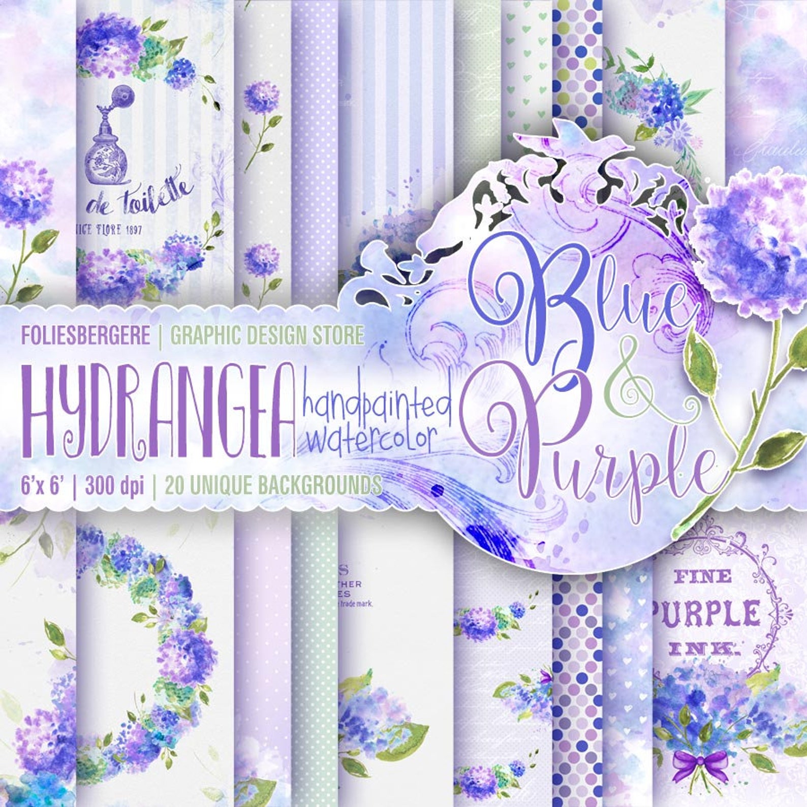 Hydrangea Digital Paper Blue Purple Watercolor Paper Pack . | Etsy