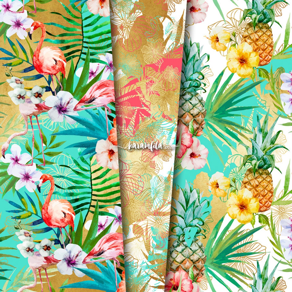Tropical Summer Digital Paper Gold Foil Watercolor Fashion | Etsy