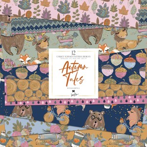 Fall Digital Paper, Autumn Leaves Patterns Forest Animals Paper Fall ...