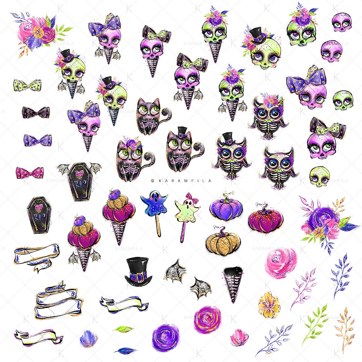 Animals Skulls and Skeletons Clipart Karamfila's Halloween - Etsy