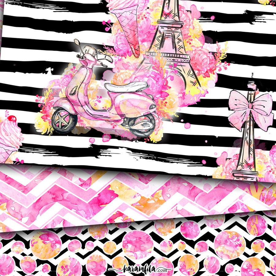 Paris Paper Pack Watercolor Fashion Digital Backgrounds Eiffel - Etsy