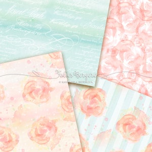 Peach and Mint Digital Paper Pack Watercolor Flowers Hand - Etsy
