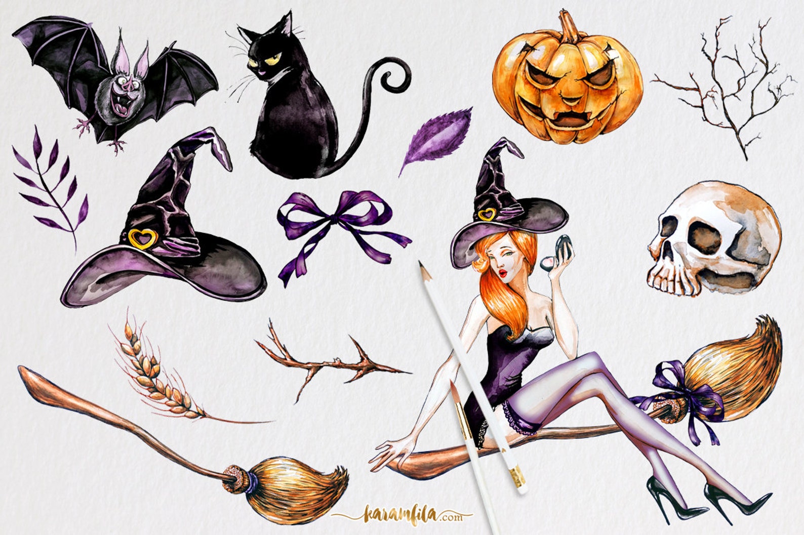 Halloween Clipart Fall Watercolor Happy Halloween DIY Pack | Etsy