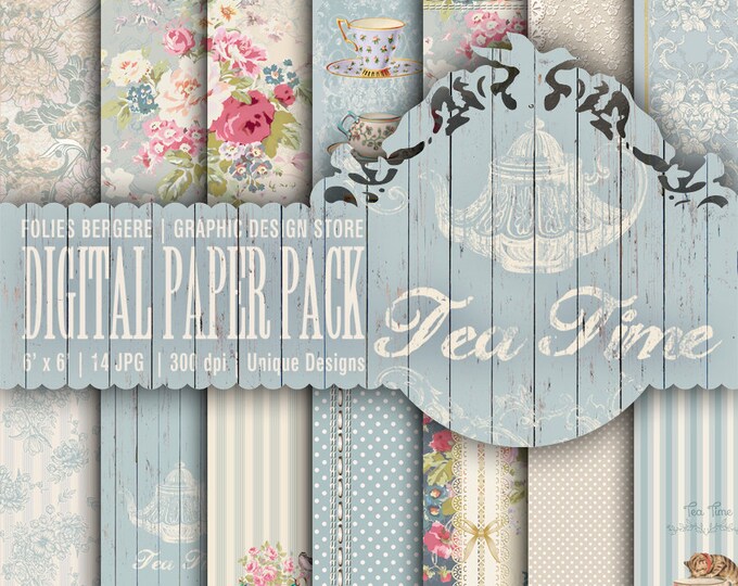 Tea Time Digital Paper Pack Tea Party Printable Paper Shabby Chic Paper ...