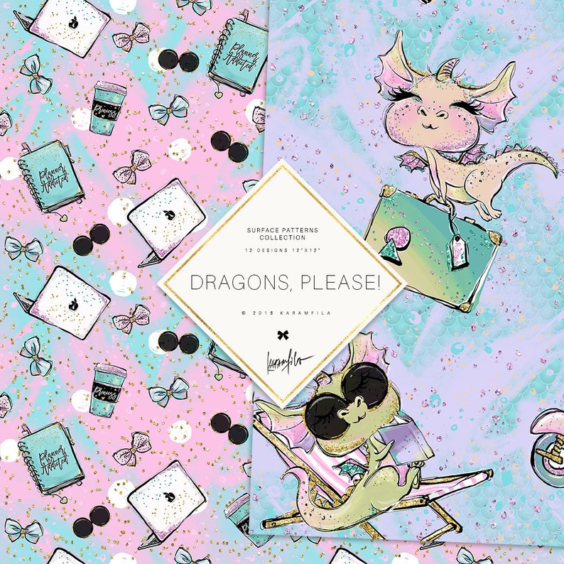 Dragon Digital Paper Baby Dragon Patterns Pastel Glitter | Etsy