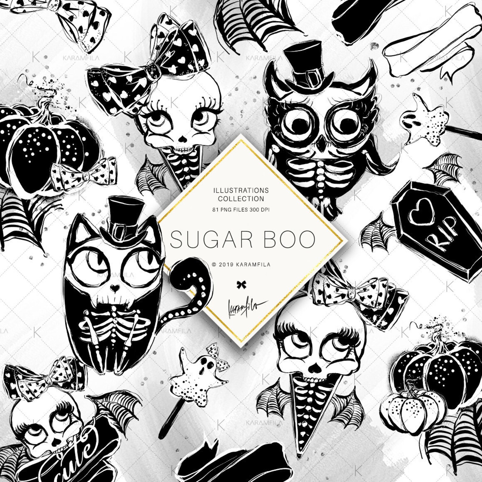 Halloween Doodle Clipart Animals Skulls and Skeletons Clipart - Etsy