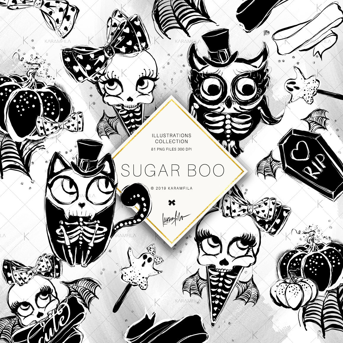 Halloween Doodle Clipart Animals Skulls and Skeletons Clipart - Etsy