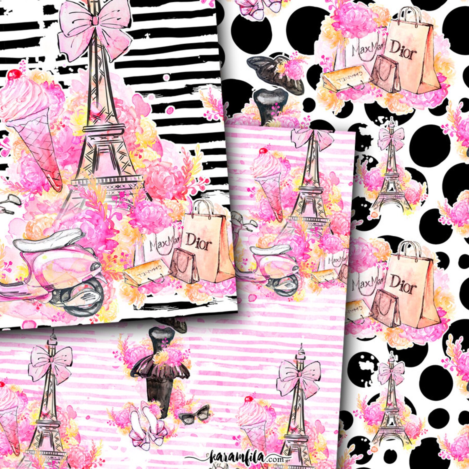 Paris Paper Pack Watercolor Fashion Digital Backgrounds Eiffel - Etsy