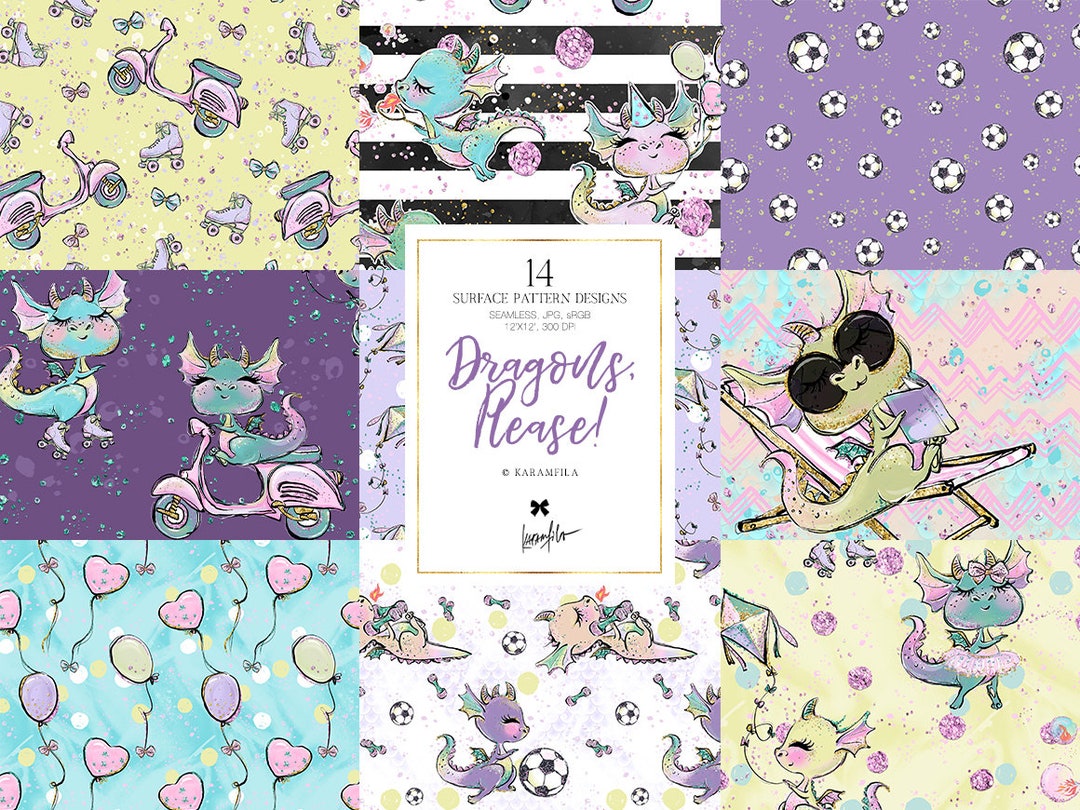 Dragon Digital Paper Baby Dragon Patterns Pastel Glitter - Etsy