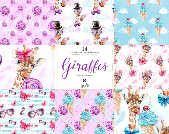 Cute Giraffe Digital Paper, Giraffe Planner Stickers, Watercolor Summer ...
